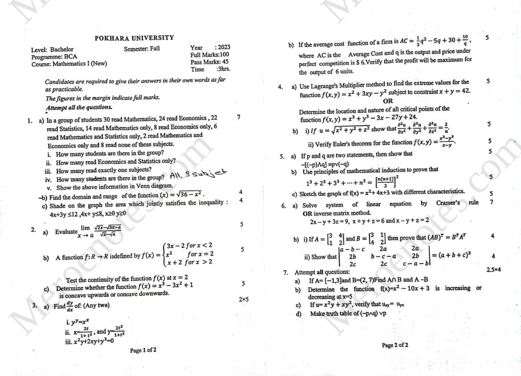 Pokhara University BCA Mathematics Question paper 1st semester (2024 ...