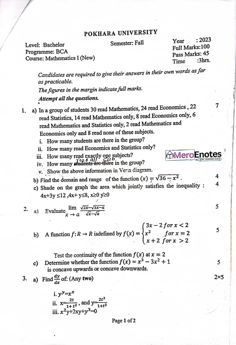 PU Pokhara University BCA Mathematics I Question paper 1st semester ...