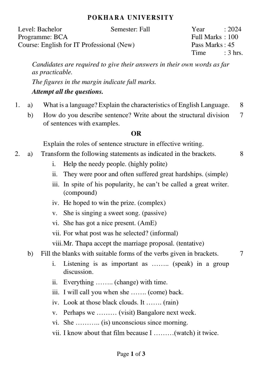 PU BCA 1st Sem English Question paper [Update] - Mero Enotes
