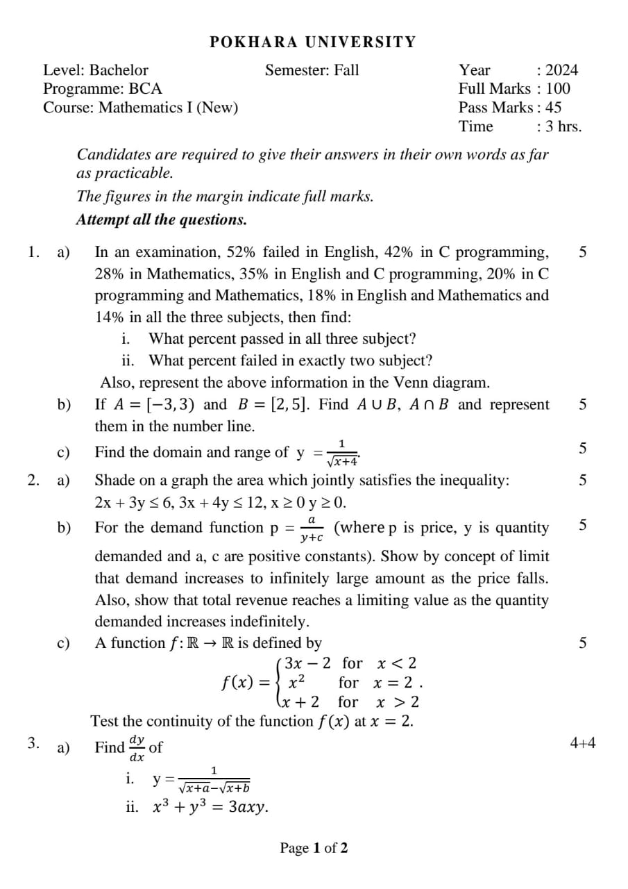 PU Pokhara University BCA Mathematics I Question paper 1st semester ...