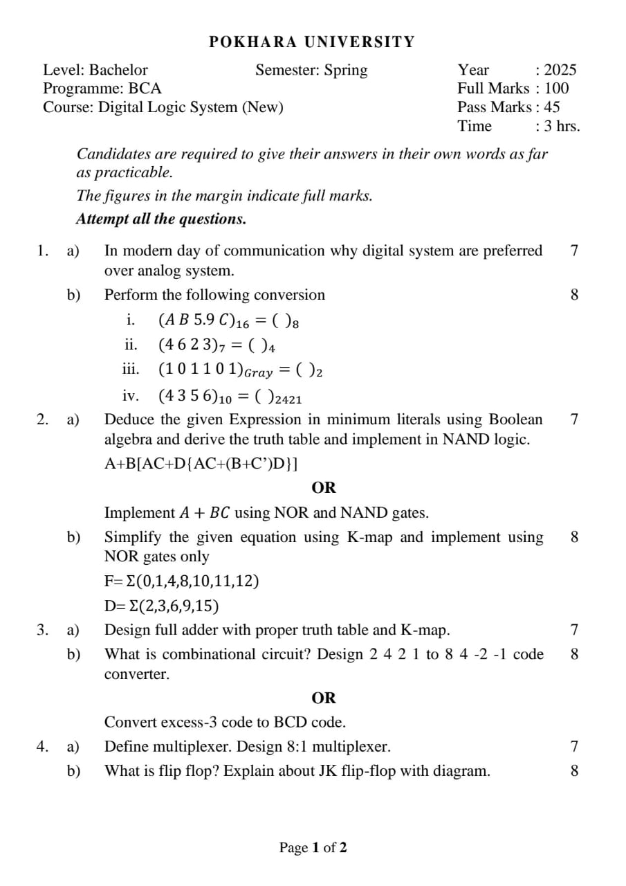 PU BCA 1st Sem Digital Logic System Question Paper - Mero Enotes