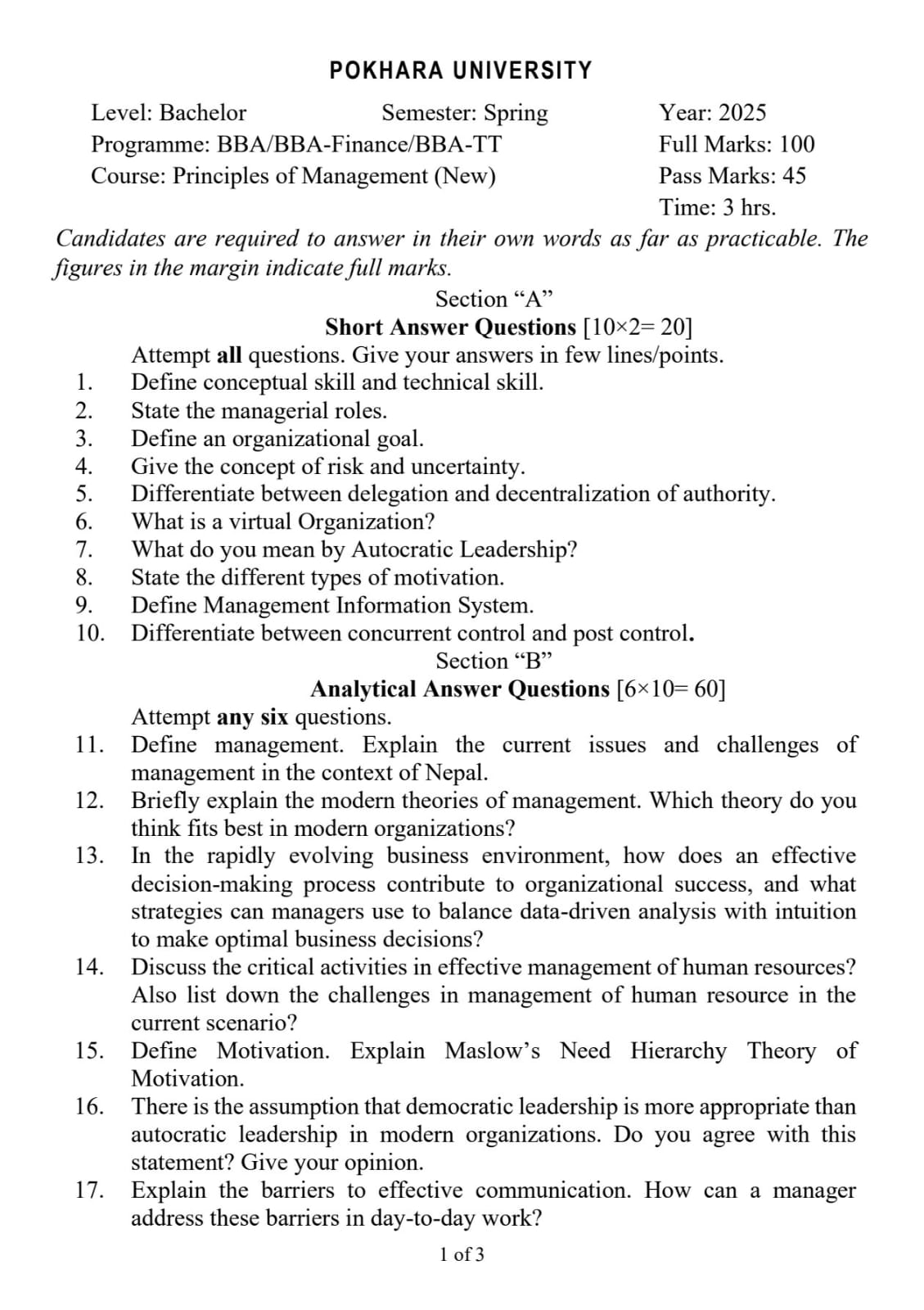 BBA, BBA-BI, BBA-IT, BCIS, BHCM, BHM PU Principles of Management ...