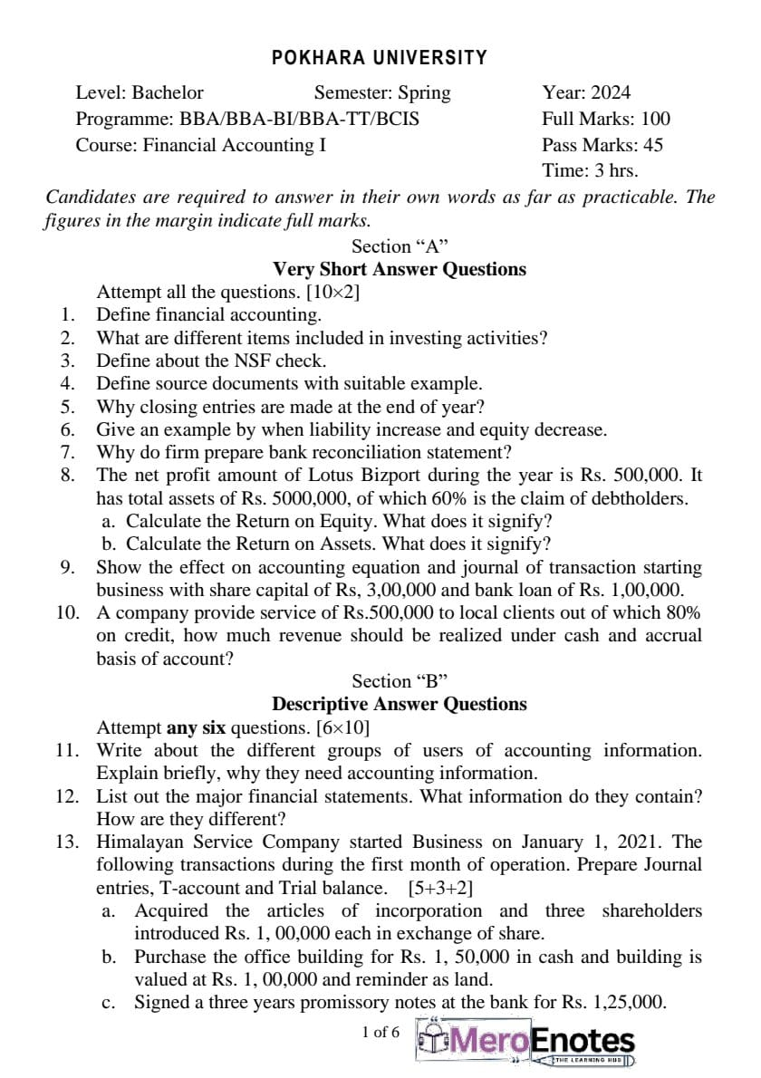 BBA, BBA-BI, BBA -IT, BCIS PU Financial Accounting I Question Paper 1st ...