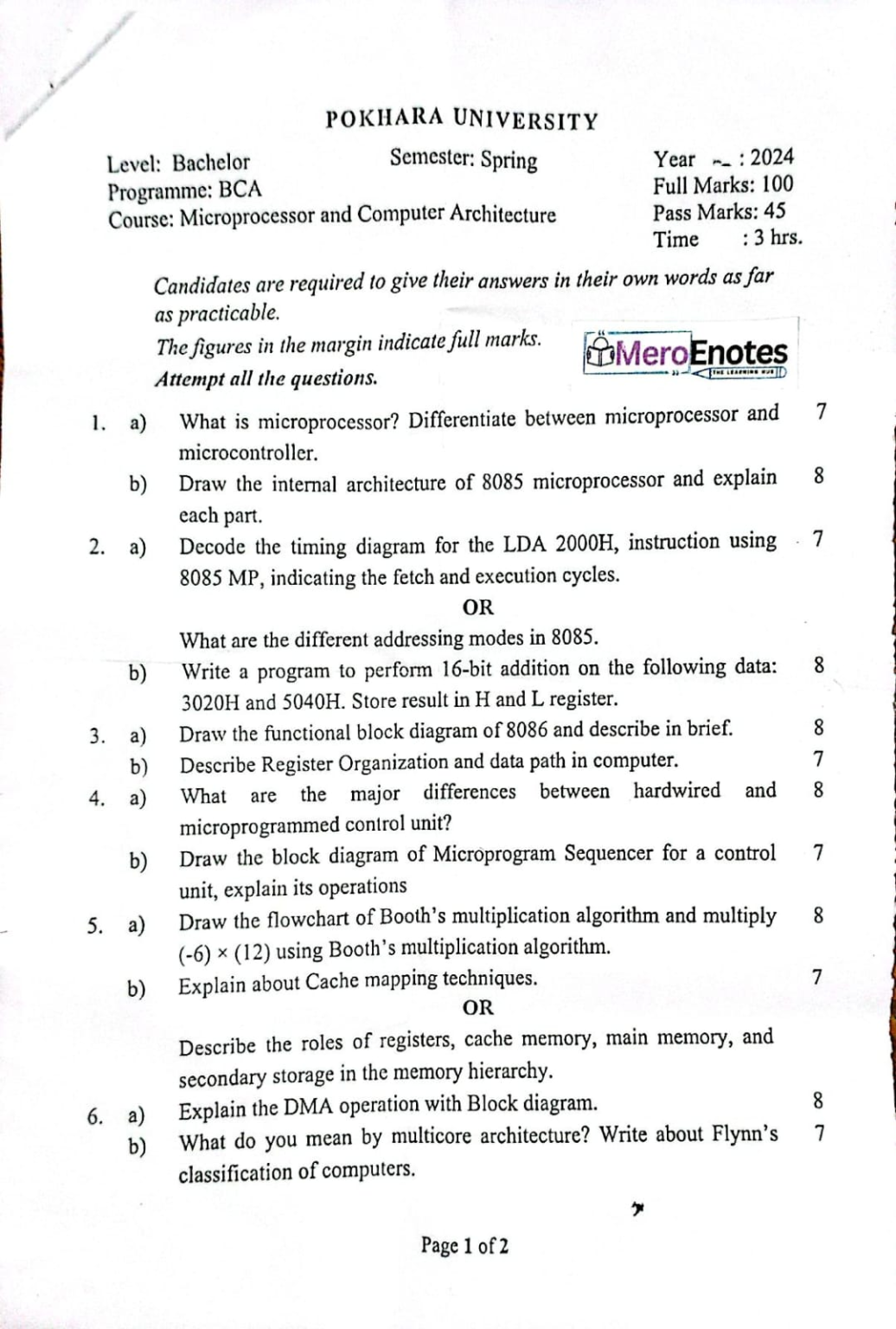 PU BCA Microprocessor and Computer Architecture Question paper 2nd ...