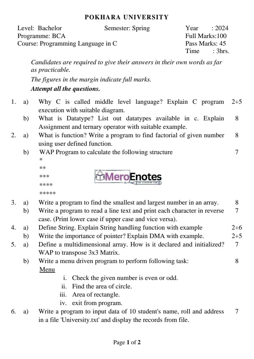 Pokhara University BCA Programming In C Question paper 2nd semester ...