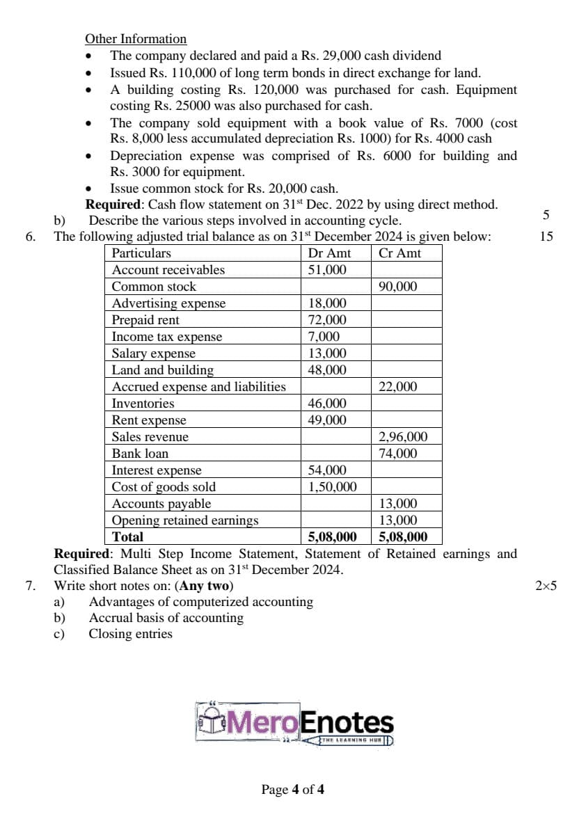 Pokhara University BCA Financial Accounting Question paper 2nd semester ...