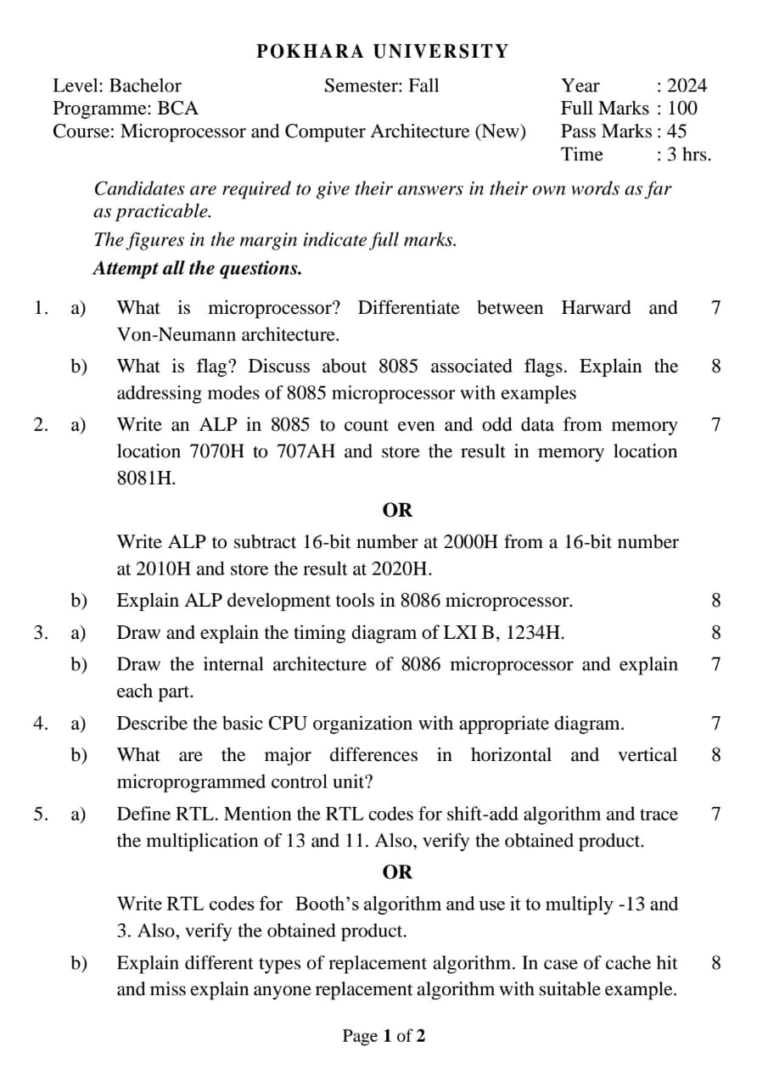 PU BCA Microprocessor and Computer Architecture Question paper 2nd ...