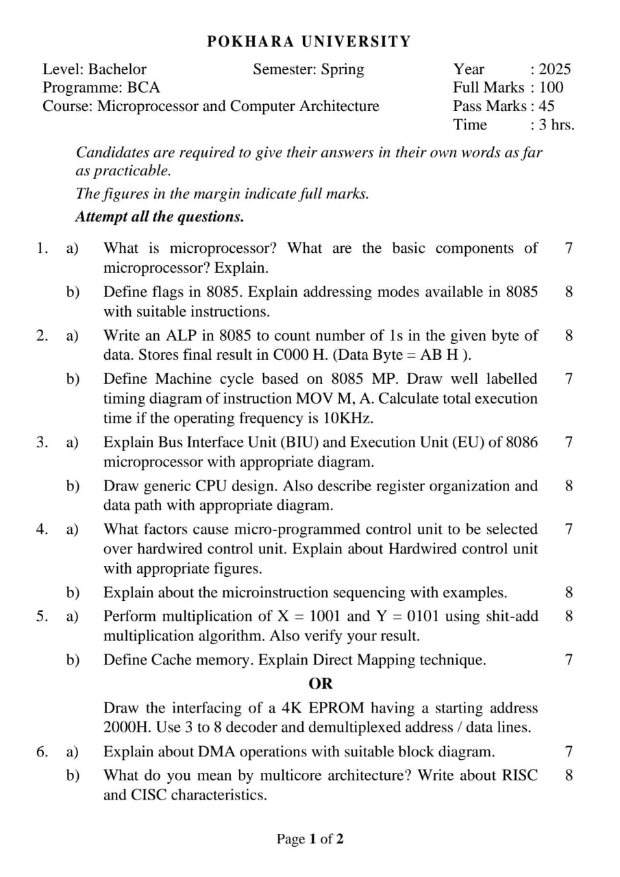 PU BCA Microprocessor and Computer Architecture Question paper 2nd ...