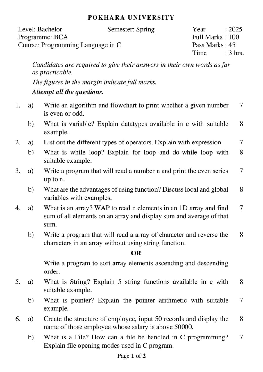 Pokhara University BCA Programming In C Question paper 2nd semester ...