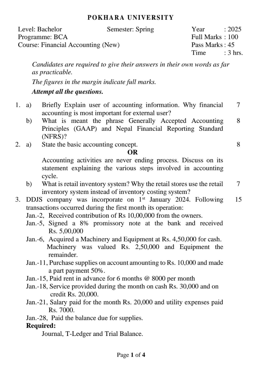 Pokhara University BCA Financial Accounting Question paper 2nd semester ...