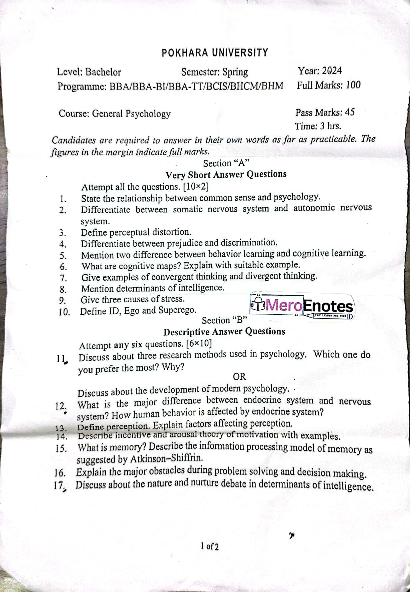 BBA BBA-BI BBA-IT BCIS BHCM BHM PU General Psychology Question Paper ...