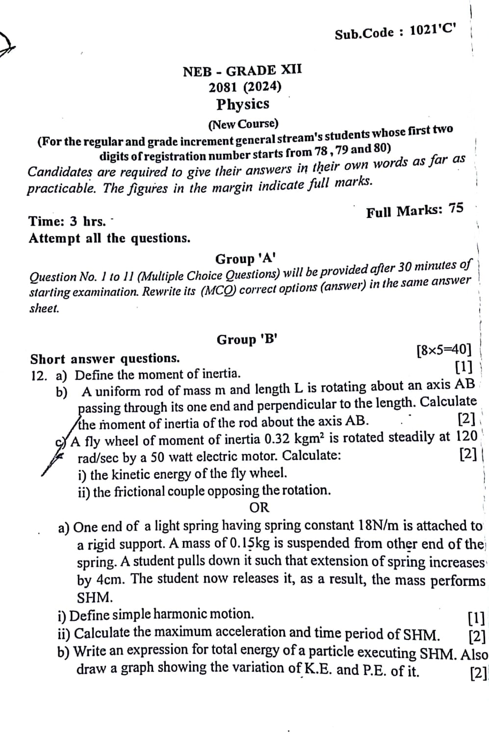 Class 12 NEB Physics Question paper Collection - Mero Enotes