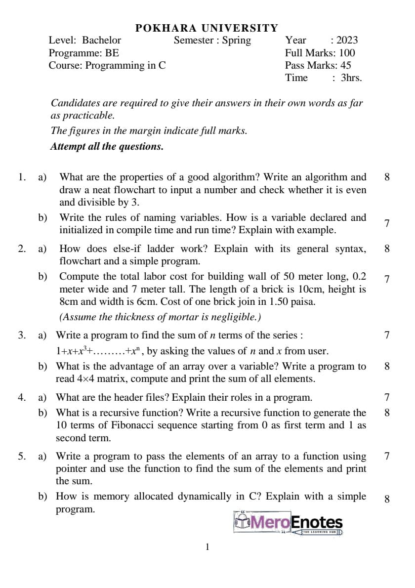 PU BE Computer Programming In C Question paper 1st Semester - Mero Enotes