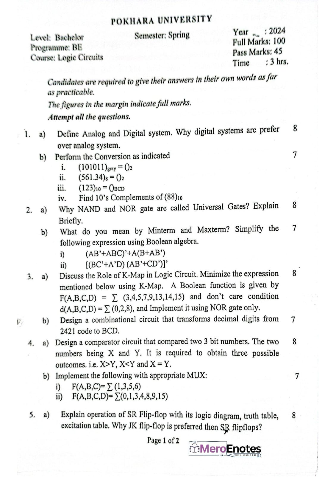 PU BE Computer Digital Logic Question paper 1st Semester - Mero Enotes