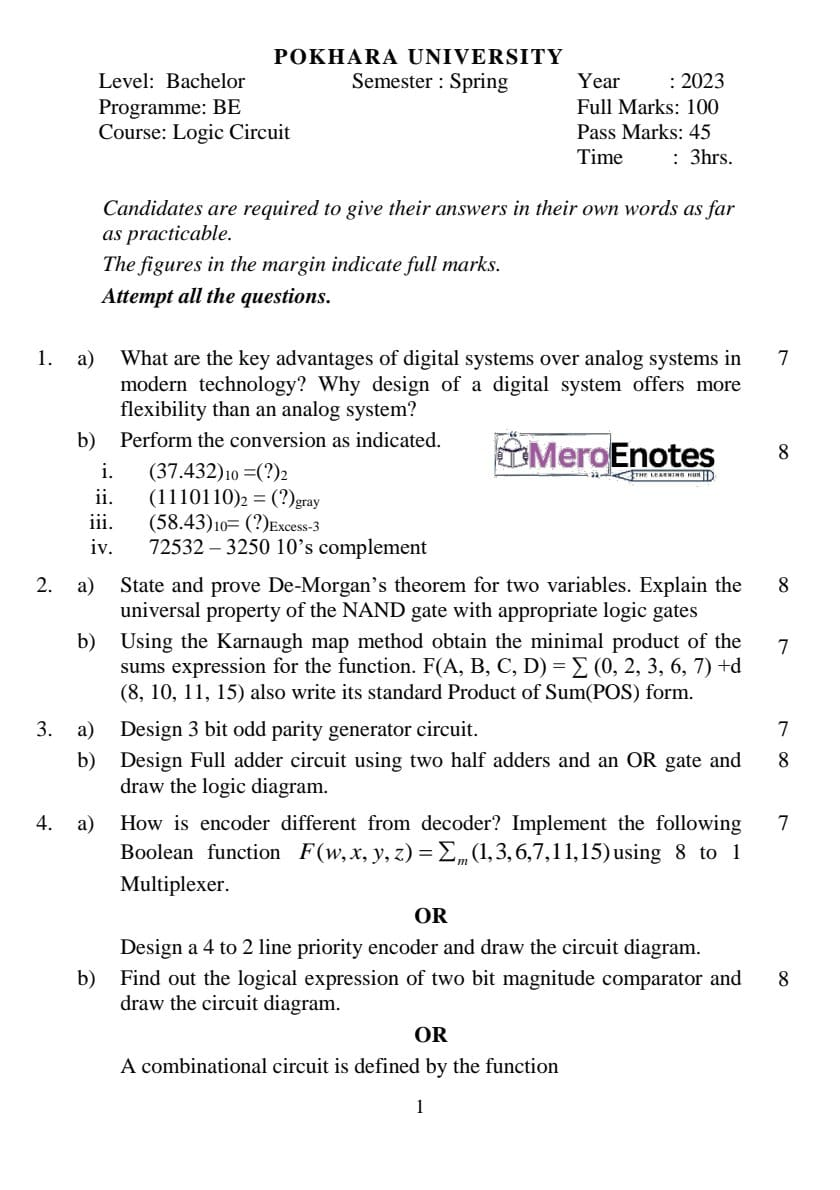PU BE Computer Digital Logic Question paper 1st Semester - Mero Enotes