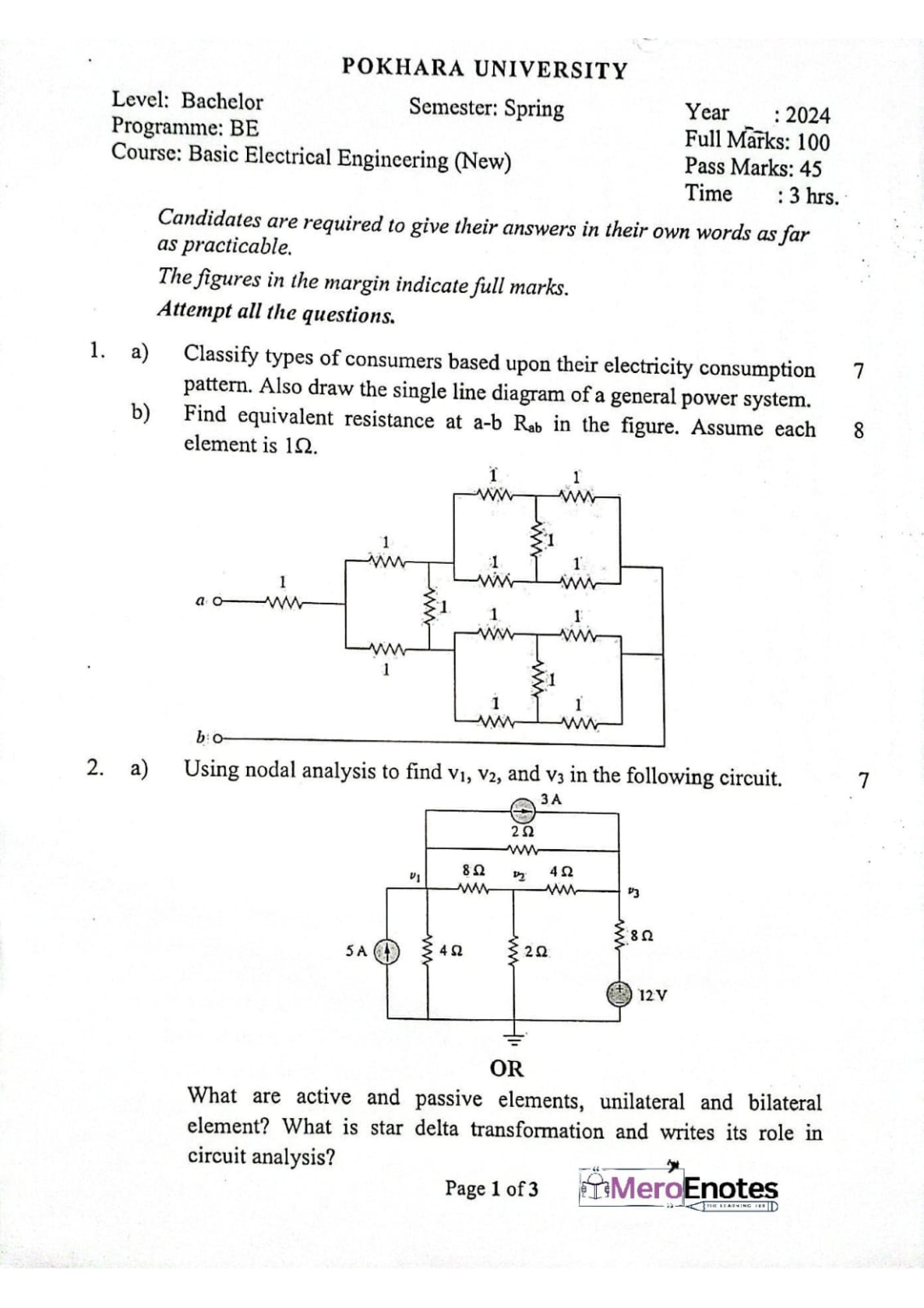 PU BE Computer Basic Electrical Engineering Question paper 1st Semester ...