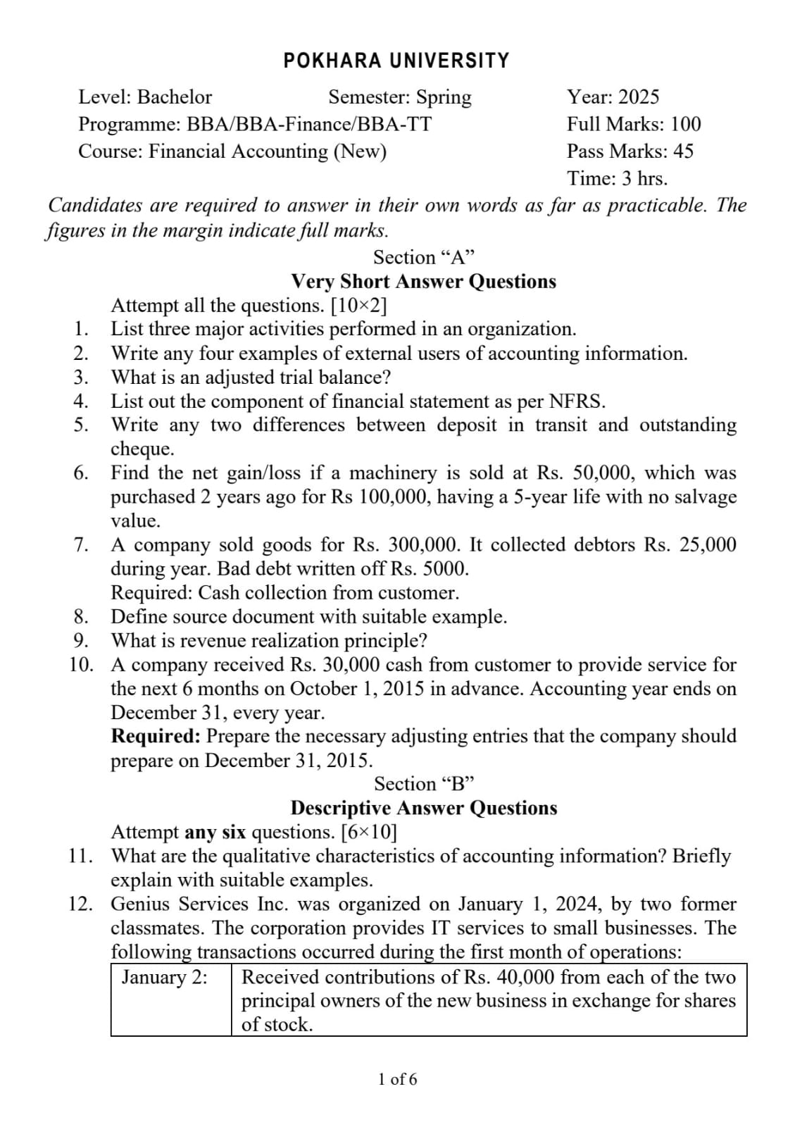 Pokhara University BBA Financial Accounting Question Paper - Mero Enotes