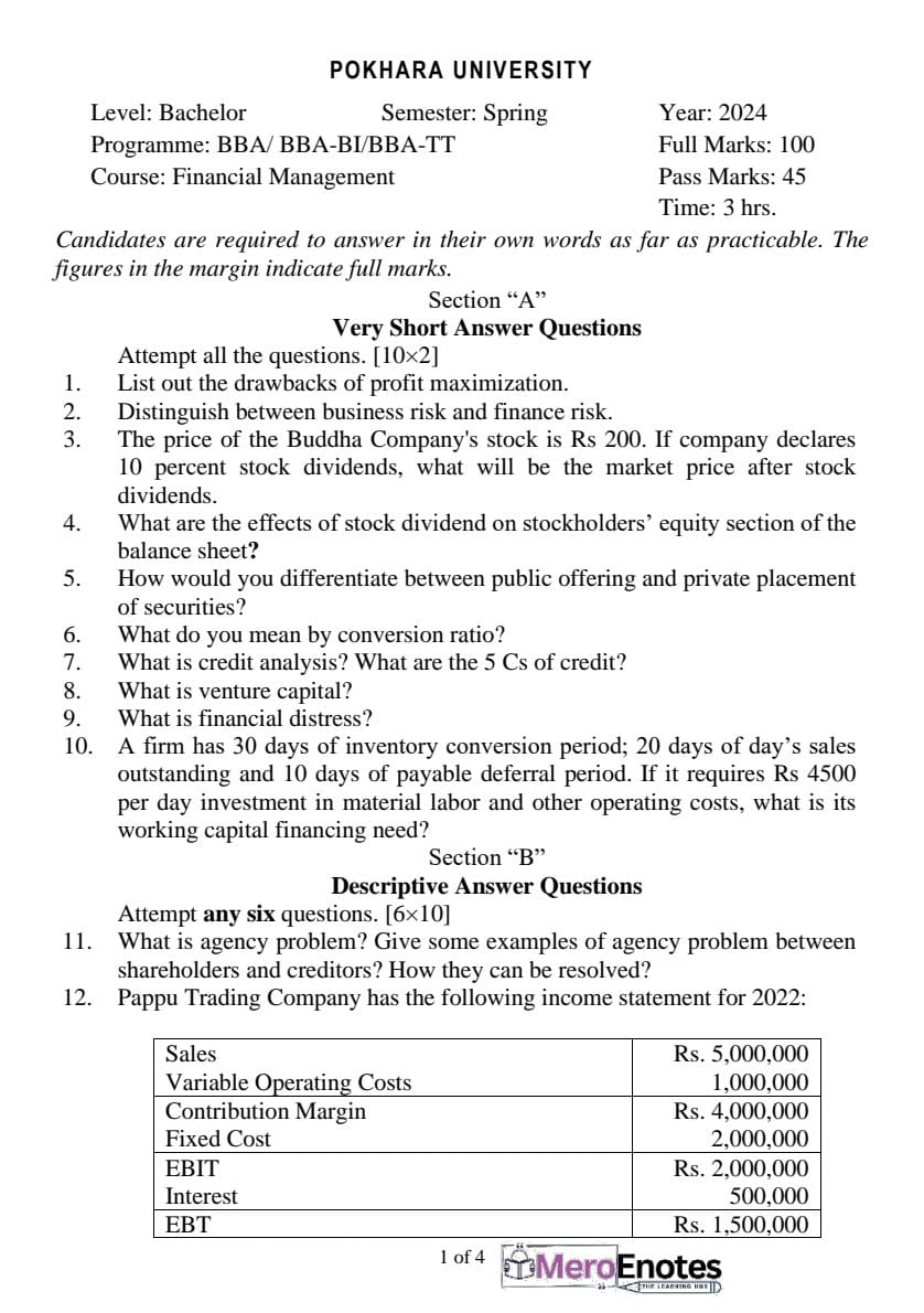 PU BBA BBA-BI BBA-TT Financial Management Question Paper - Mero Enotes