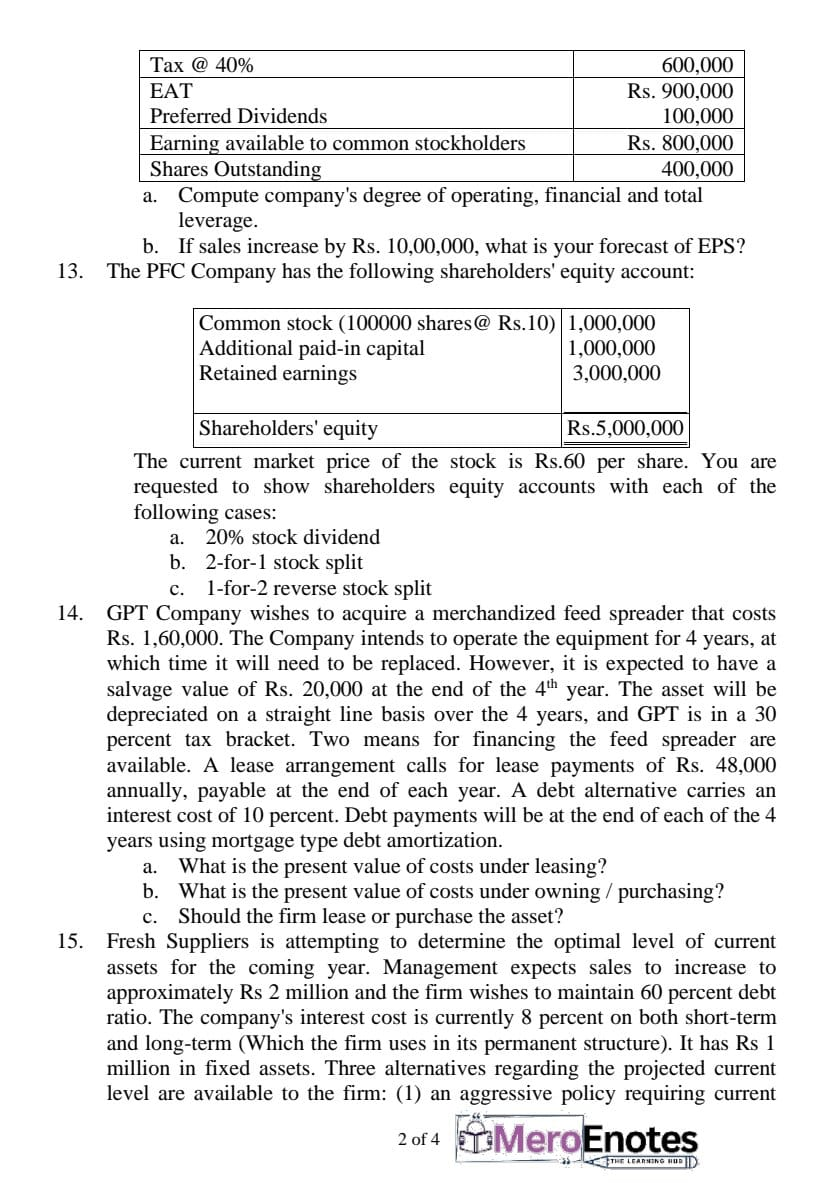 PU BBA BBA-BI BBA-TT Financial Management Question Paper - Mero Enotes