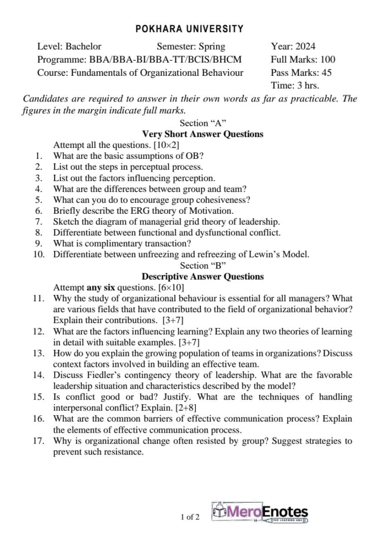 PU BBA BBA-IT BBA-BI BCIS BHCM Fundamentals of Organizational Behaviour ...