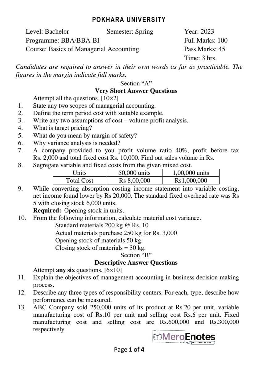 PU BBA BBA-BI Basic of Managerial Accounting Question Paper - Mero Enotes