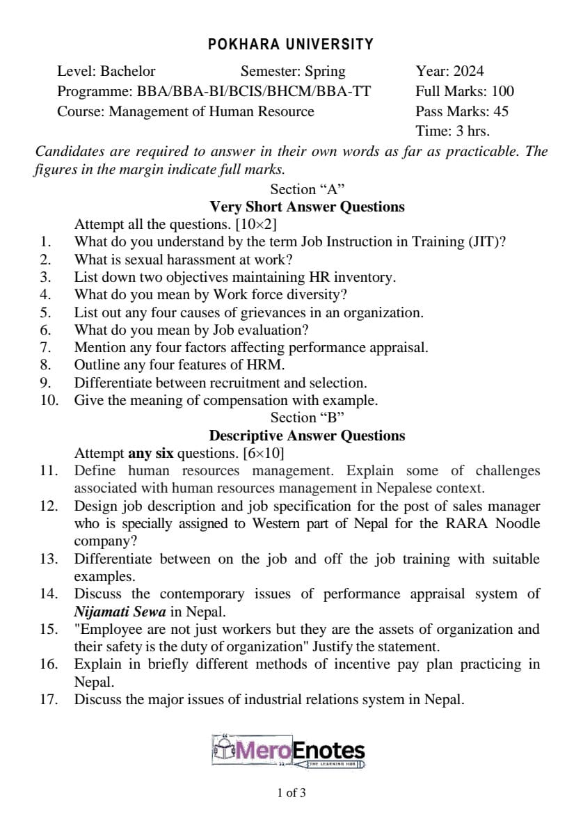 PU BBA BBA-BI BBA-TT BCIS BHCM Management of Human Resource Question ...