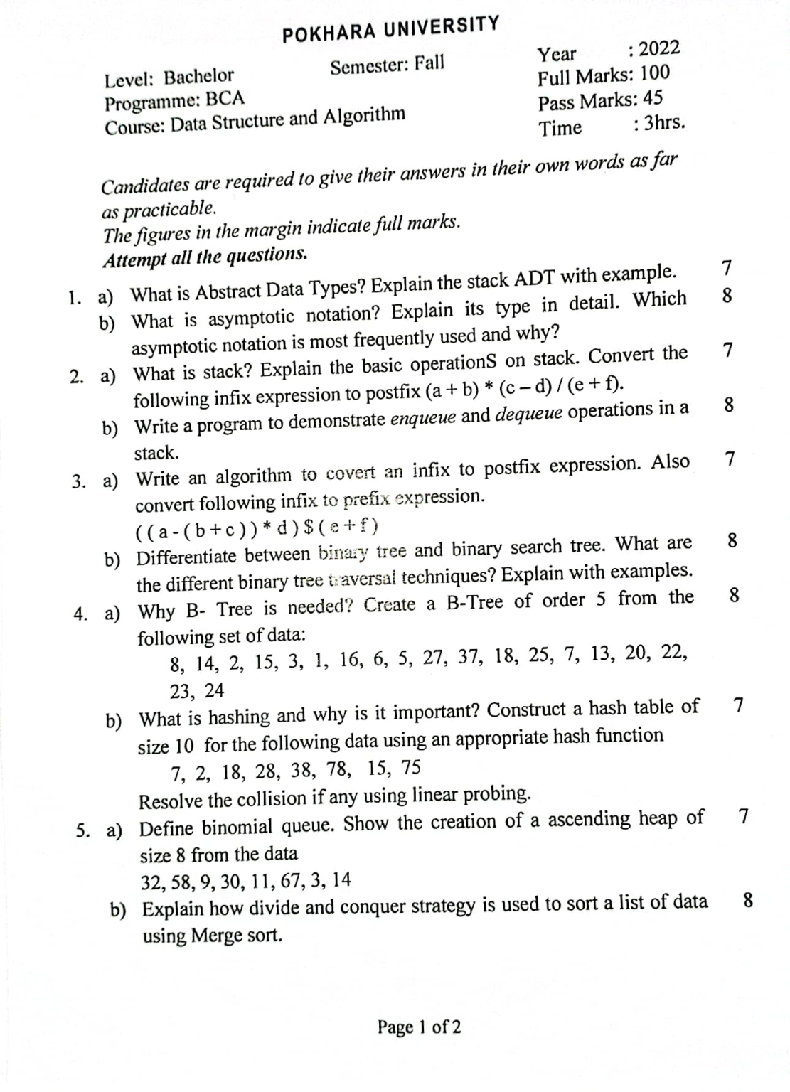 Pokhara University PU BCA DSA Question Paper 3rd Semester - Mero Enotes