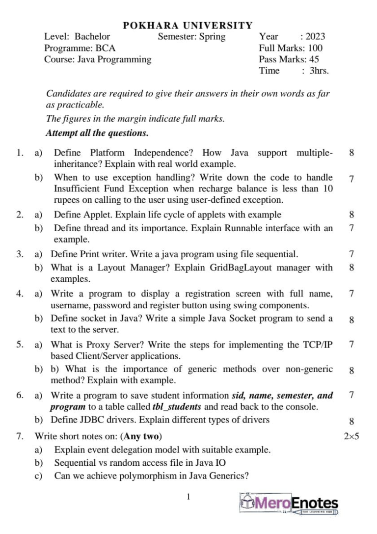 Pokhara University PU BCA JAVA Programming Question Paper 3rd Semester ...