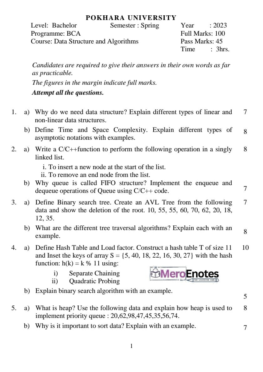 Pokhara University PU BCA DSA Question Paper 3rd Semester - Mero Enotes