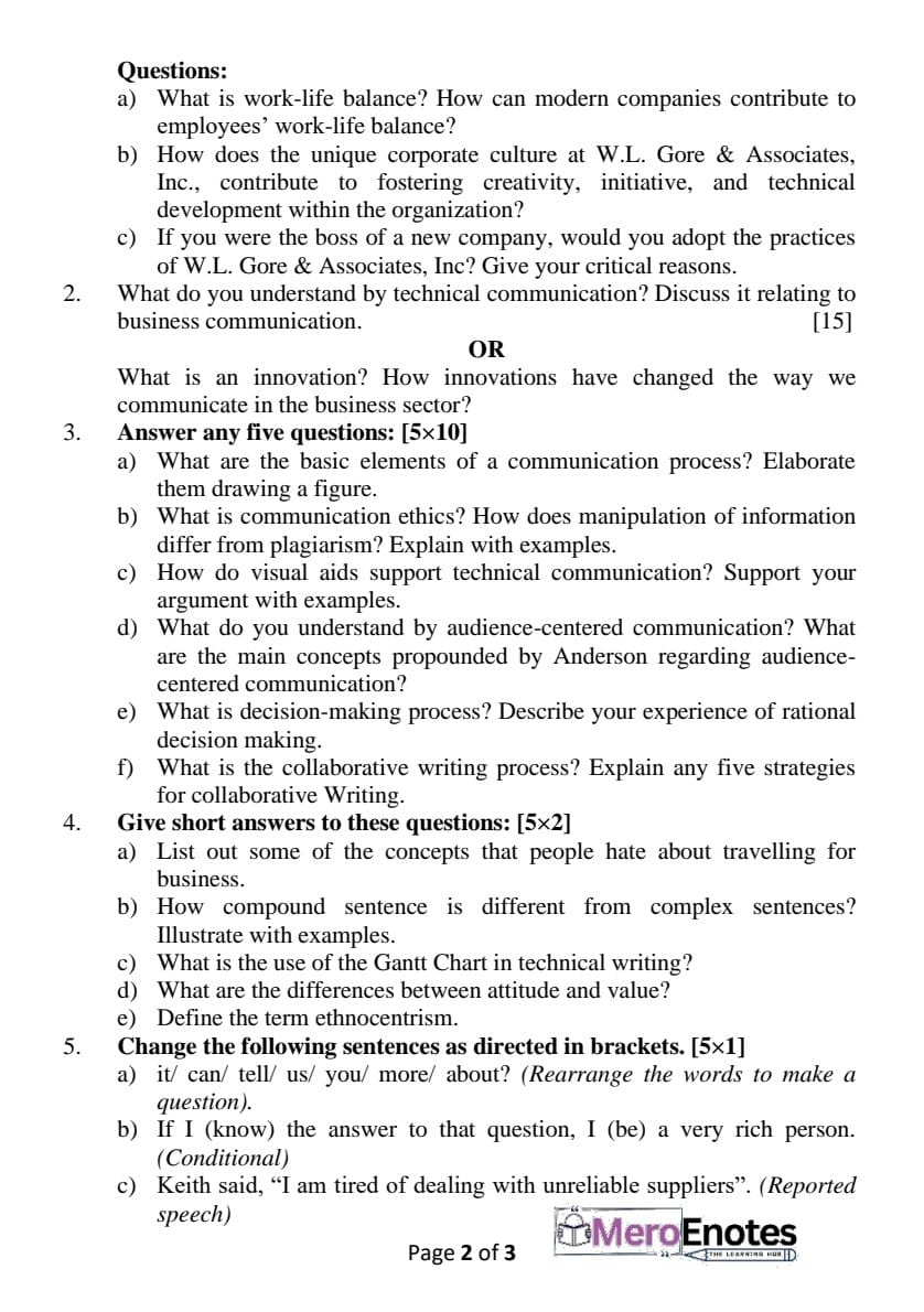 PU BBA Business Communication I Question Paper - Mero Enotes