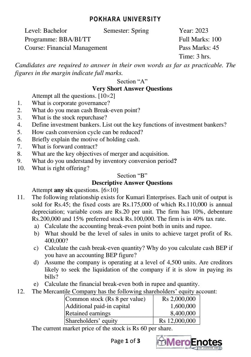 PU BBA BBA-BI BBA-TT Financial Management Question Paper - Mero Enotes