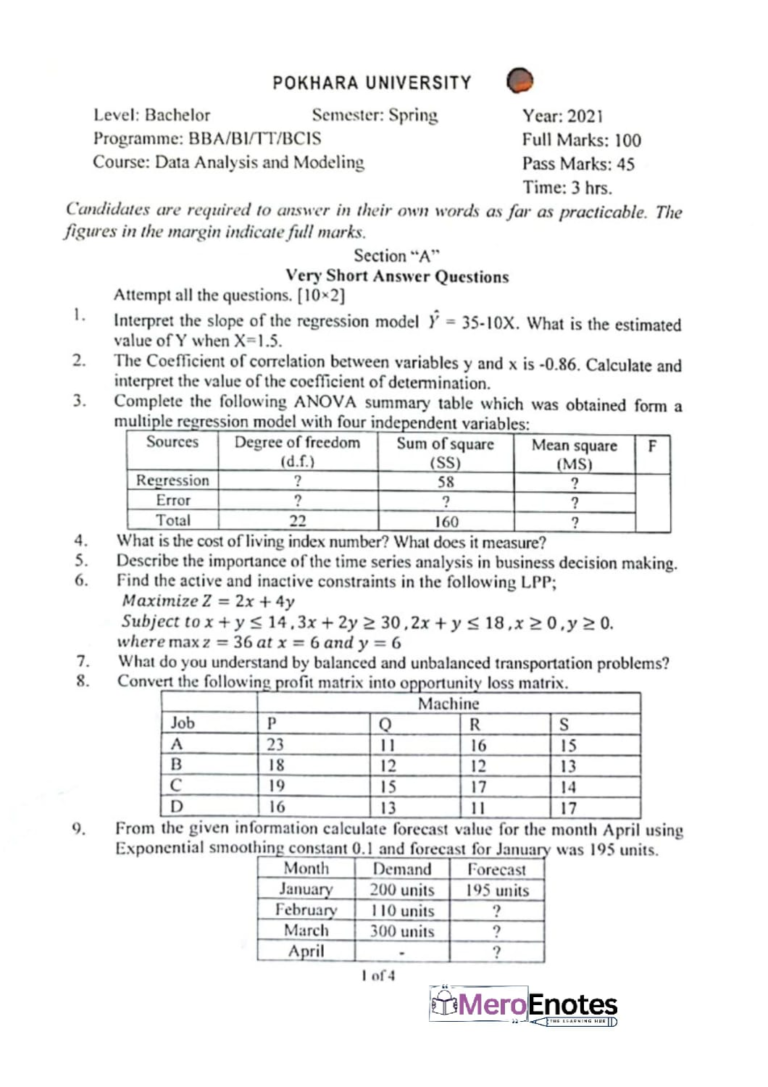 PU BBA BBA-BI BBA-TT BCIS Data Analysis and Modeling Question Paper ...