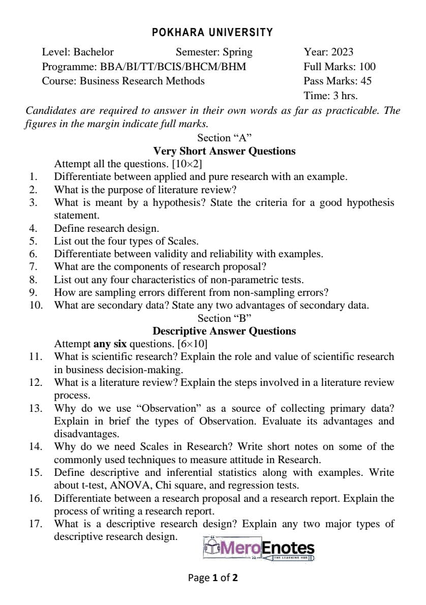 PU BBA BBA-BI BBA-TT BCIS BHCM BHM Business Research Methods Question ...