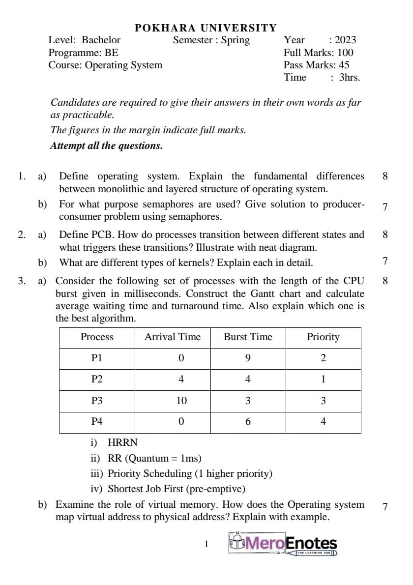 PU BE Computer Operating System Question paper 3rd Sem - Mero Enotes