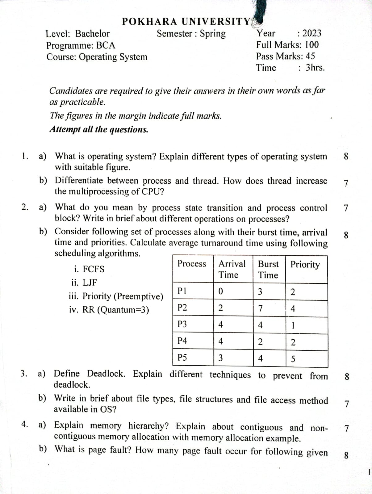 Pokhara University PU BCA Operating System Question Paper 3rd Semester ...