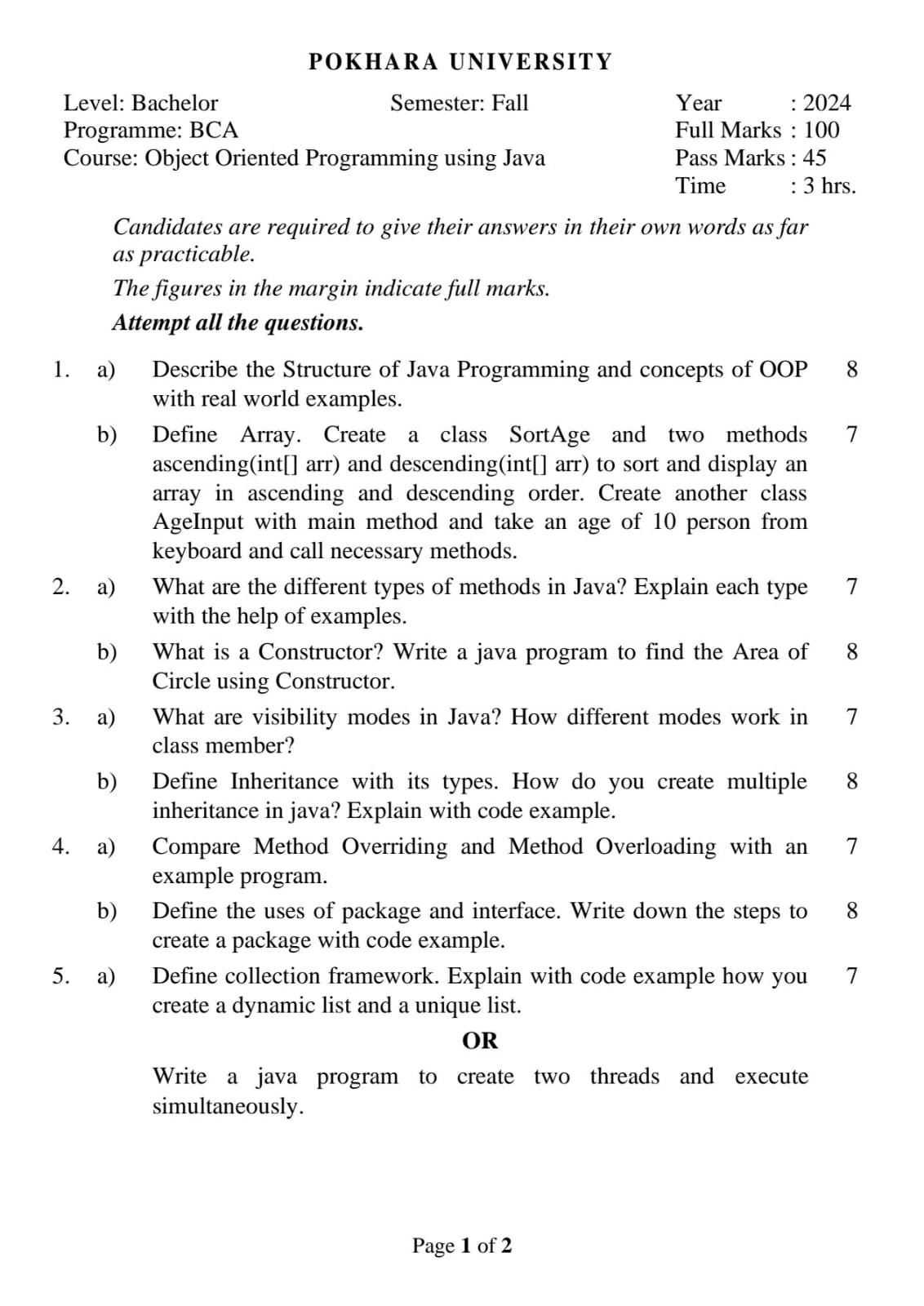 Pokhara University PU BCA JAVA Programming Question Paper 3rd Semester ...