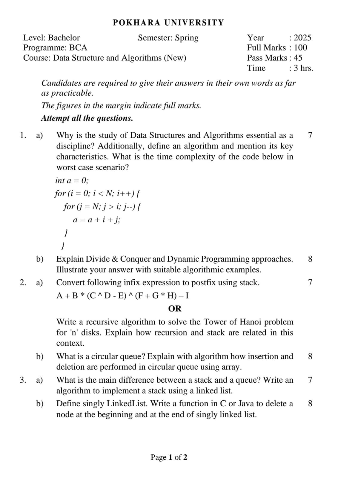 Pokhara University PU BCA DSA Question Paper 3rd Semester - Mero Enotes