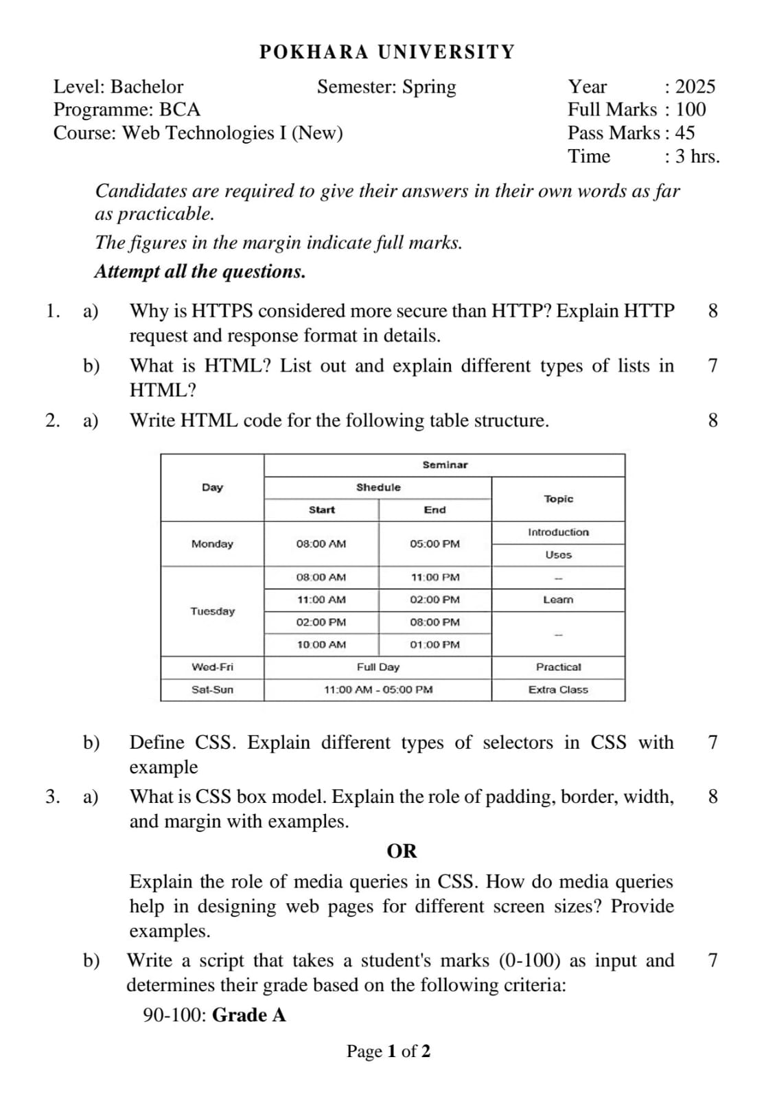 Pokhara University PU BCA Web Technologies I Question Paper 3rd ...