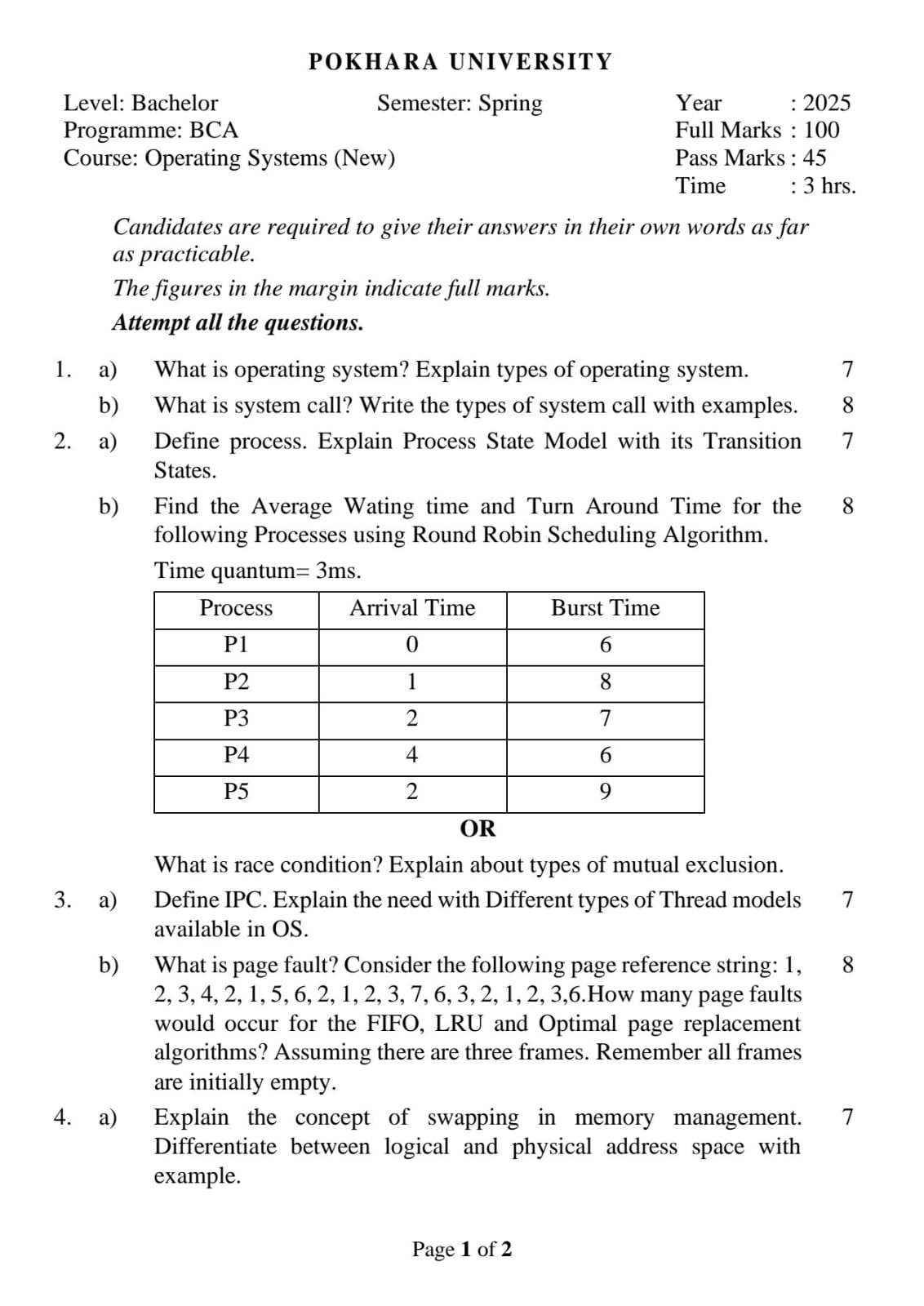 Pokhara University PU BCA Operating System Question Paper 3rd Semester ...