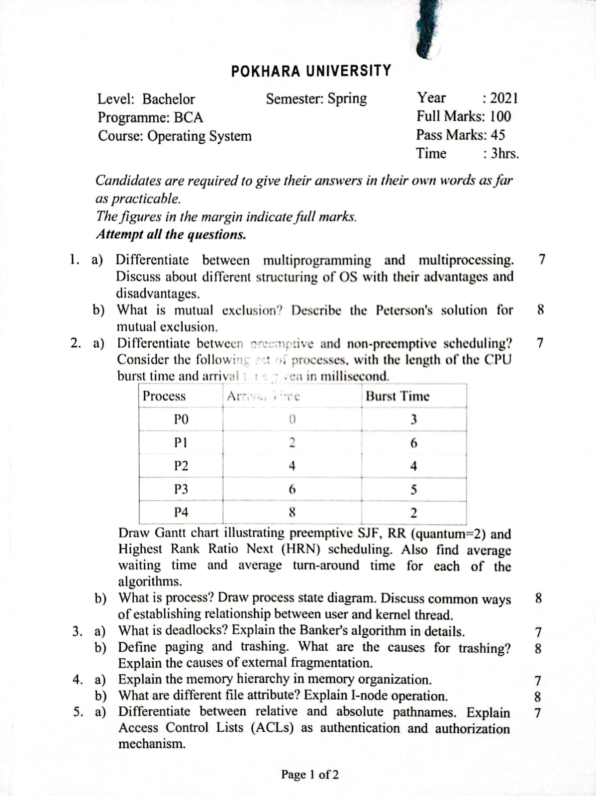 Pokhara University PU BCA Operating System Question Paper 3rd Semester ...