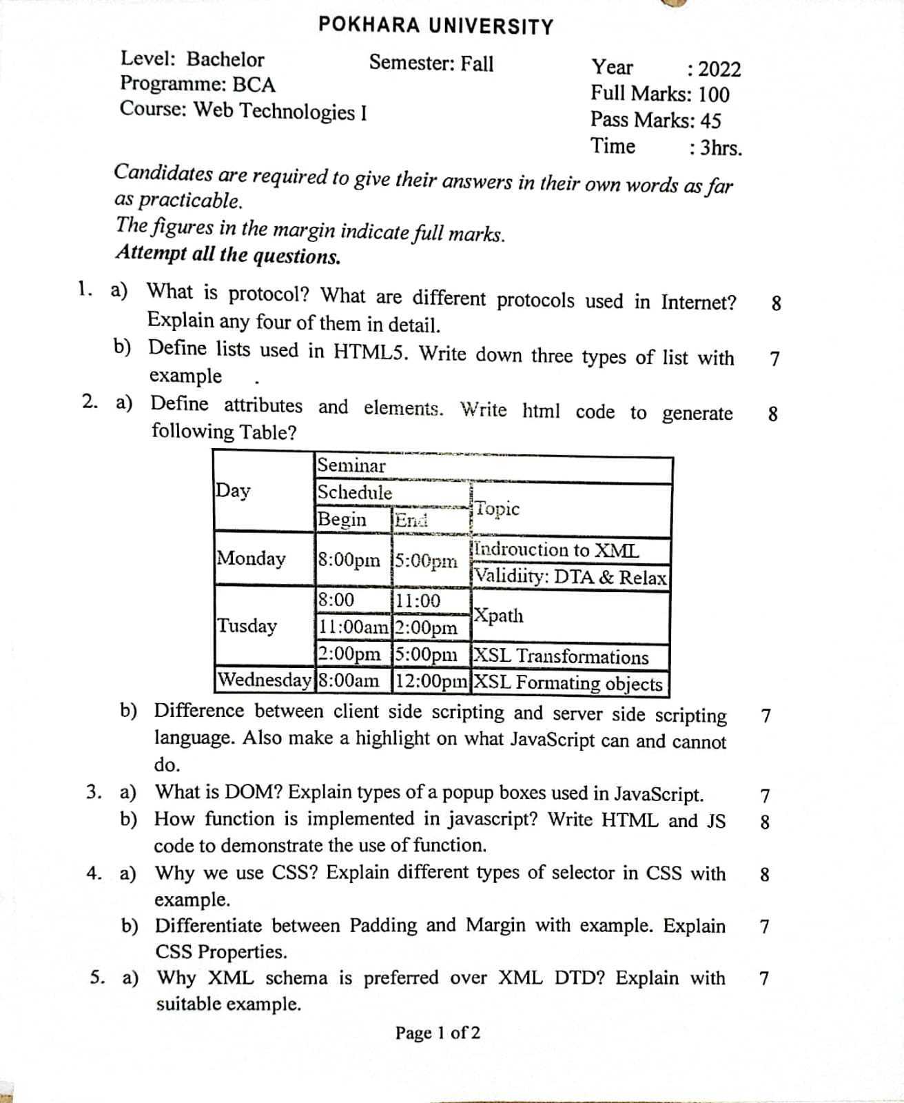 Pokhara University PU BCA Web Technologies I Question Paper 3rd ...