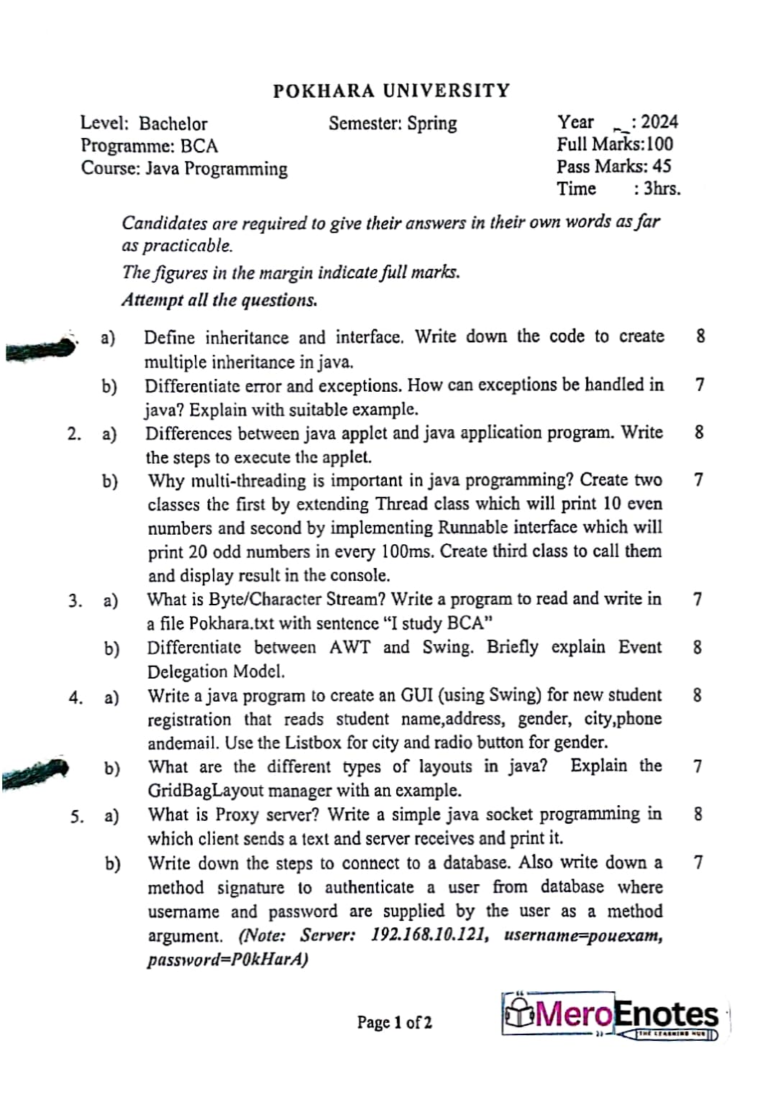Pokhara University PU BCA JAVA Programming Question Paper 3rd Semester ...