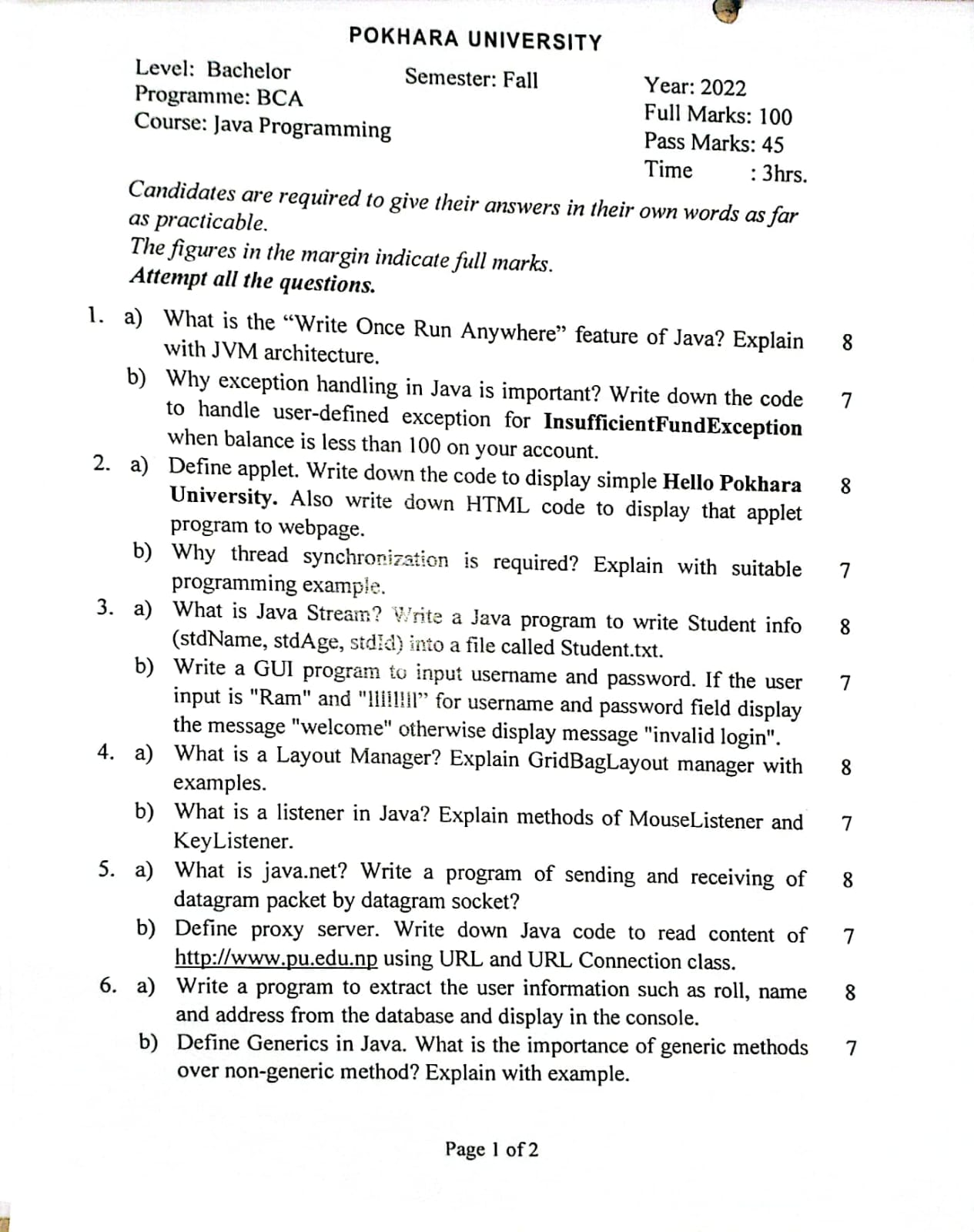 Pokhara University PU BCA JAVA Programming Question Paper 3rd Semester ...
