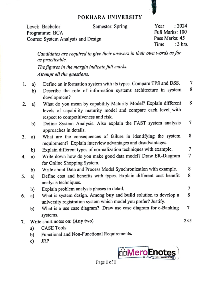 Pokhara University PU BCA SAD Question Paper 3rd Semester - Mero Enotes Pokhara University PU BCA SAD Question Paper 3rd Semester - Mero Enotes