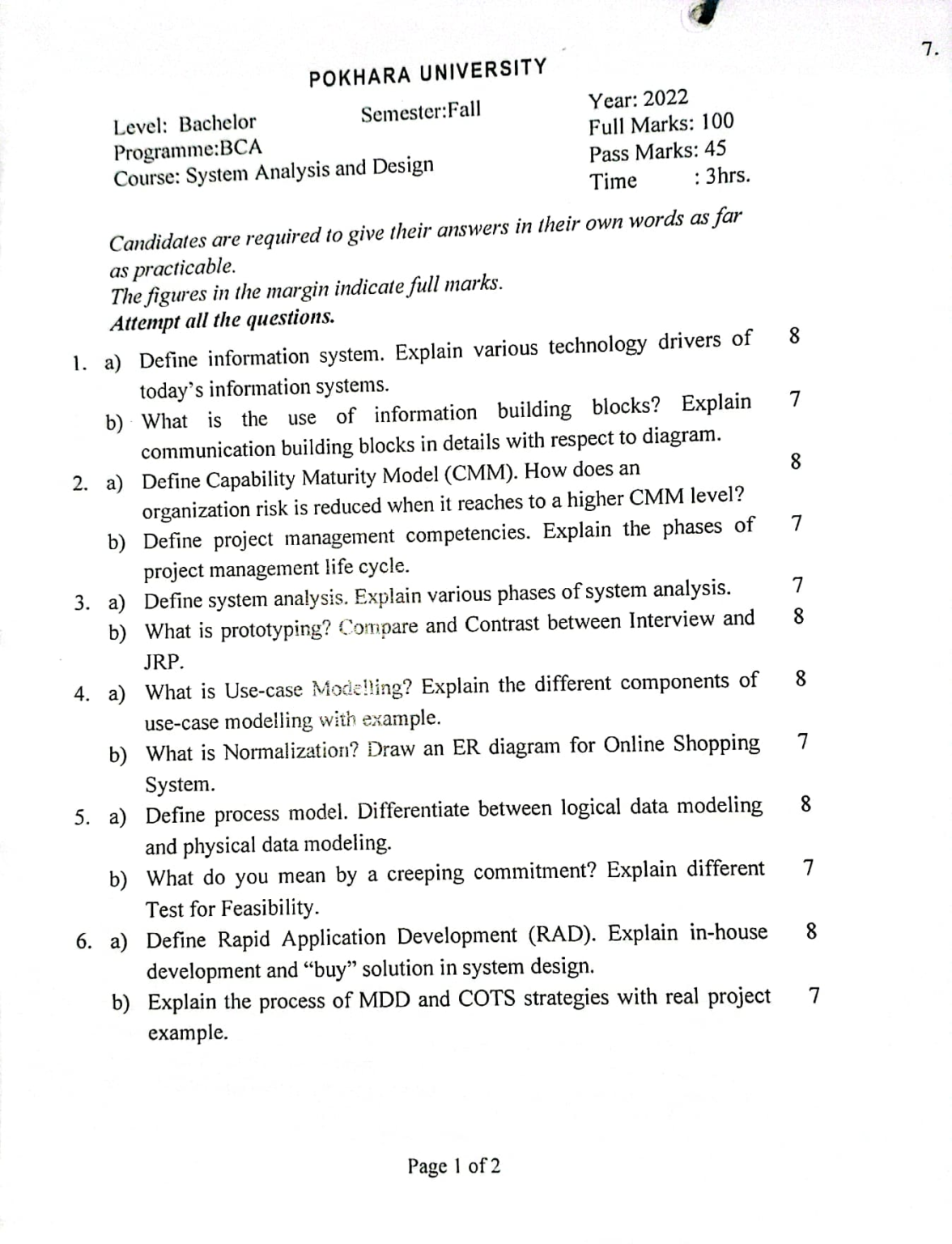Pokhara University PU BCA SAD Question Paper 3rd Semester - Mero Enotes Pokhara University PU BCA SAD Question Paper 3rd Semester - Mero Enotes