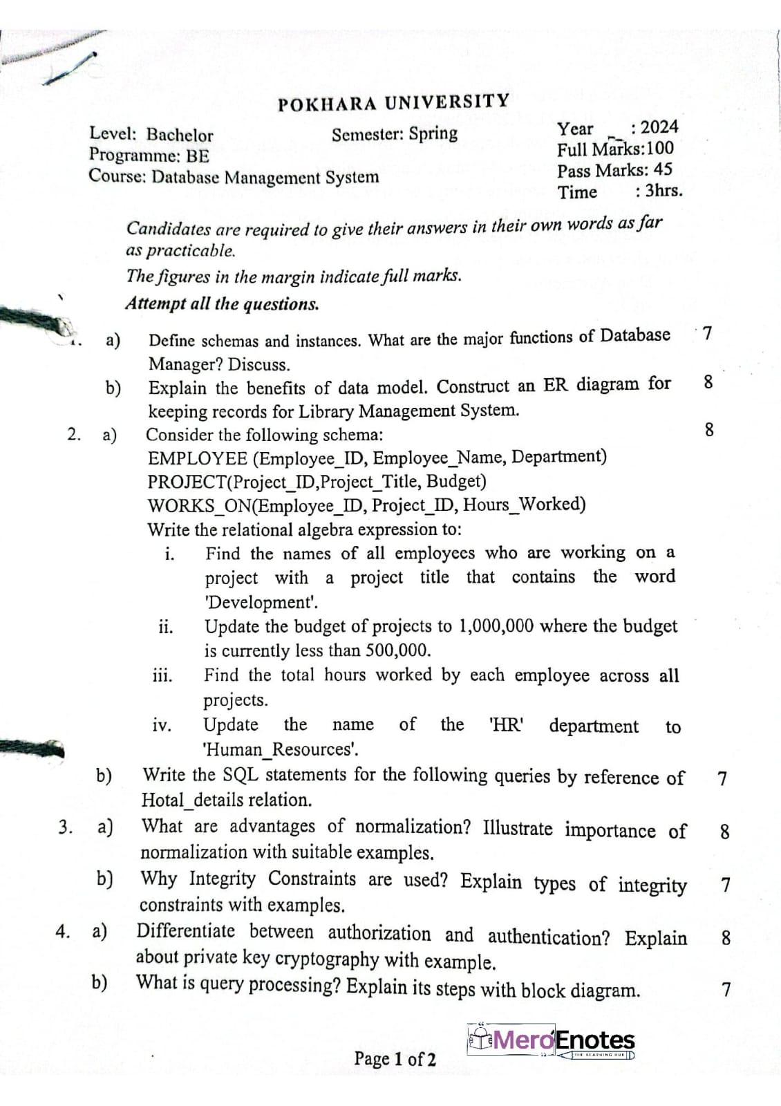 Pu Be Computer Database Management System Question Paper 3rd Sem Mero
