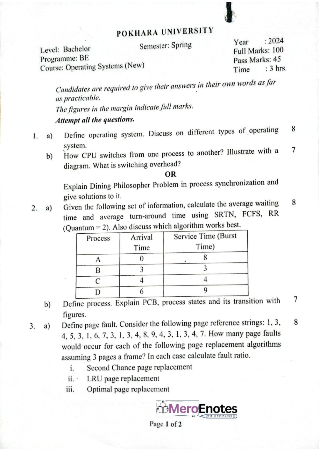 PU BE Computer Operating System Question paper 3rd Sem - Mero Enotes