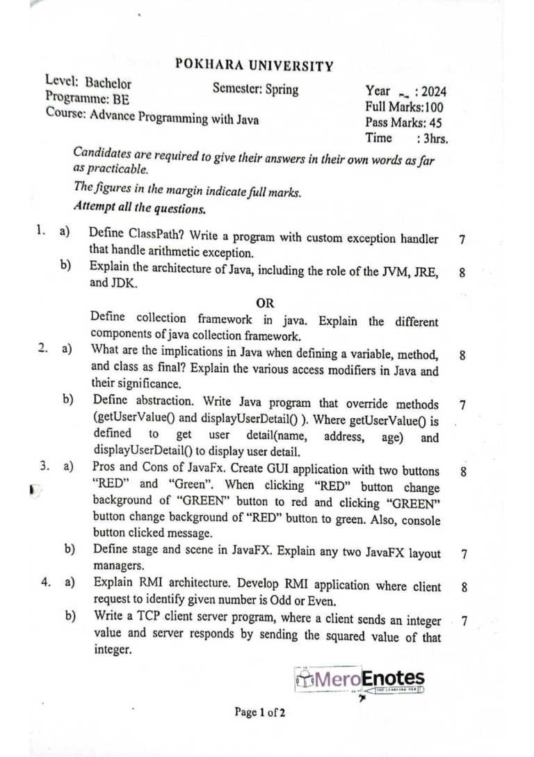 PU BE Computer Advance Programming with JAVA Question paper 4th Sem ...