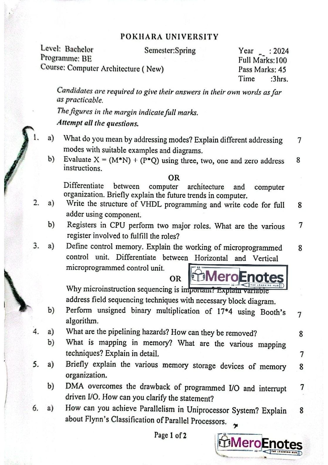 PU BE Computer Computer Architecture Question paper 4th Sem - Mero Enotes