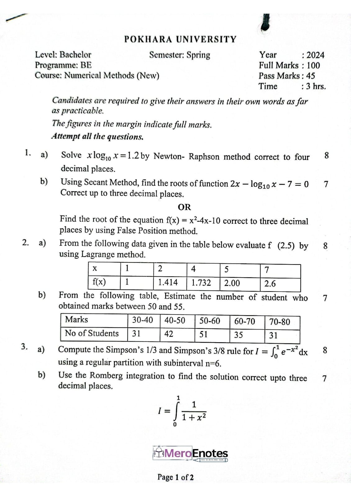 PU BE Computer Numerical Methods Question paper 4th Sem - Mero Enotes